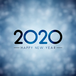 Blue shiny happy new year 2020 poster with bokeh Vector Image