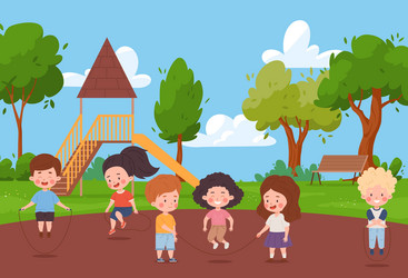 Cute happy children jumping rope together at park Vector Image