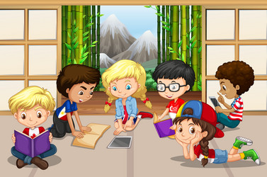 Scene with many kids reading in room Royalty Free Vector