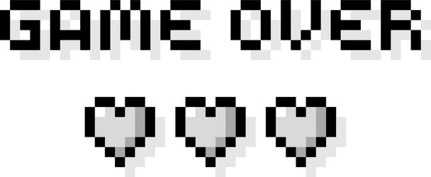 Pixel game over text with three hearts Royalty Free Vector