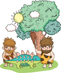 Cavemen comic in the landscape Royalty Free Vector Image