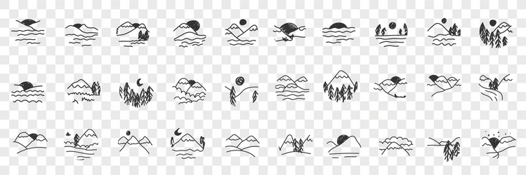 Nature landscapes and scenics doodle set Vector Image