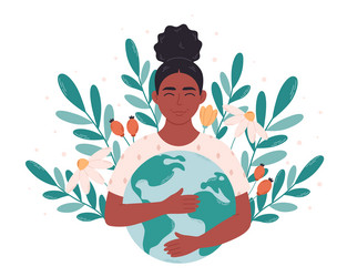Black woman hugging earth globe earth day saving Vector Image