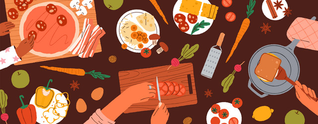 Hands cook food top view cooking process Vector Image