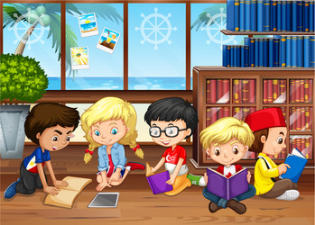 Kids checking out books in the library Royalty Free Vector