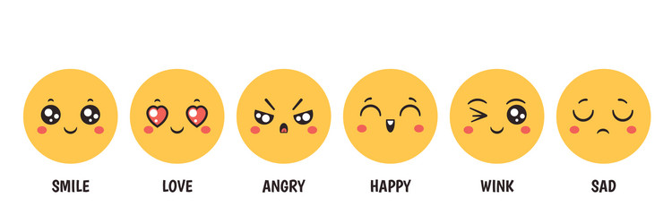 Emoticons emotions cartoon emoji faces with happy Vector Image