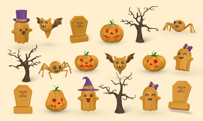 Cute cartoon 3d halloween objects pumpkin ghost Vector Image