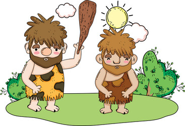 Cavemen comic in the landscape Royalty Free Vector Image