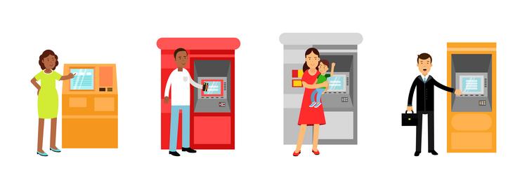 People characters using electronic self service Vector Image