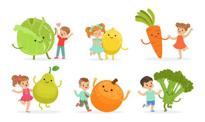Little kids playing with big fruits and vegetables