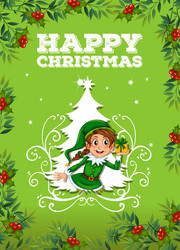 Merry christmas poster with elf and present Vector Image