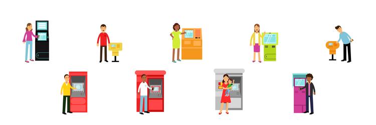 People characters using electronic self service Vector Image