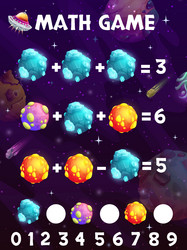 Math game worksheet with cartoon space planets Vector Image
