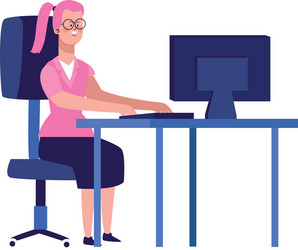 Cartoon woman working on office desk with computer