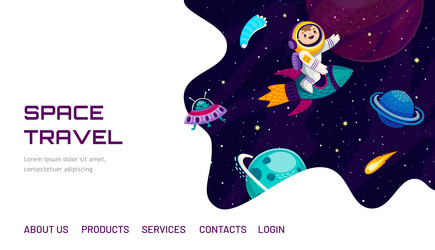 Landing page space cartoon rocket spaceship flight