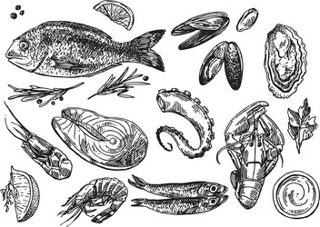 Seafood ink sketch set Royalty Free Vector Image