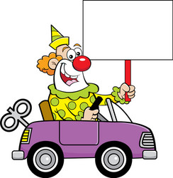Happy clown driving a toy car while waving Vector Image