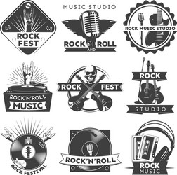 Vintage monochrome rock music emblems set Vector Image