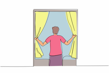 Single one line drawing happy man opening window Vector Image