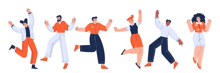 Happy office employees jump with raised arms Vector Image