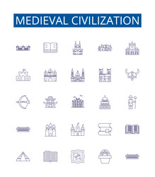 Medieval line icons signs set design collection Vector Image