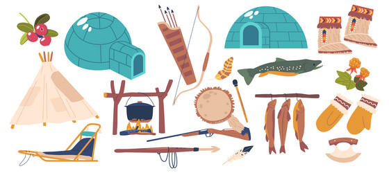 Set of inuit items and traditional tools black Vector Image