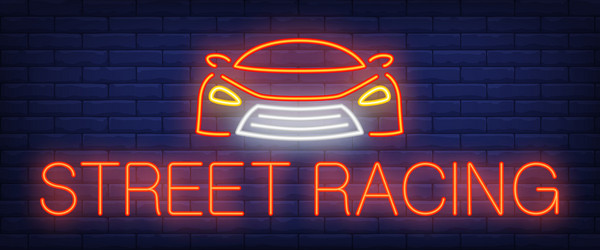 Drift neon sign racing car on brick background Vector Image