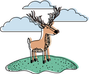 Deer cartoon in outdoor scene with clouds black Vector Image