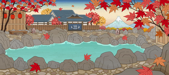 Ukiyo-e style hot spring scene Royalty Free Vector Image