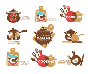 Cooking master class emblem with big saucepan Vector Image