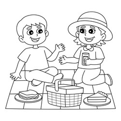 Spring girl and boy having a picnic coloring page Vector Image
