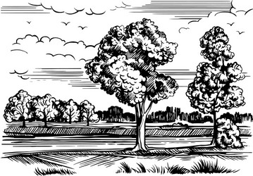 River flow scene hand drawn landscape Royalty Free Vector