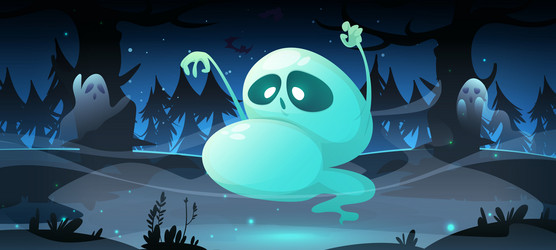 Flying ghosts at night graveyard smiling Vector Image