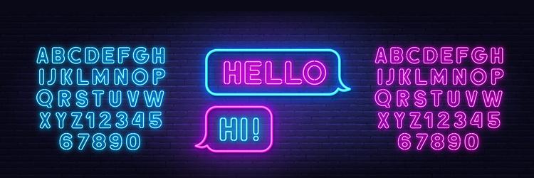 Hello hi neon sign in the speech bubble on brick Vector Image