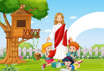 Cartoon jesus with children in a church Royalty Free Vector