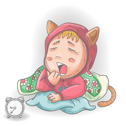 A funny little man chibi in clothes yawns lying Vector Image