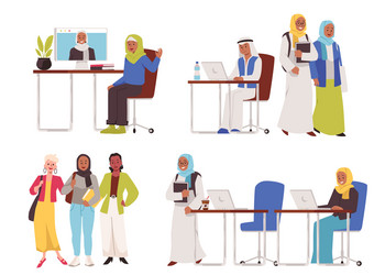 Cartoon arab muslim students in hijab set Vector Image