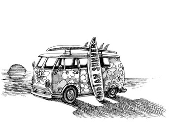 Hippie bus with surfboard Royalty Free Vector Image