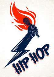 Rap music logo or emblem with microphone in hand Vector Image
