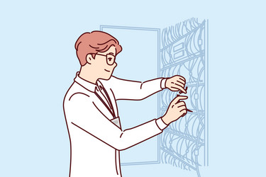 Man system administrator sets up server equipment Vector Image