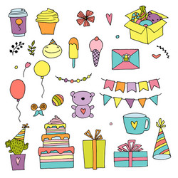 Happy birthday color doodle set hand drawn Vector Image