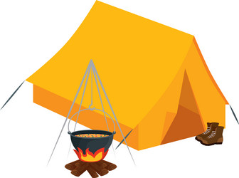 Tent camping with wood fire and boots Royalty Free Vector