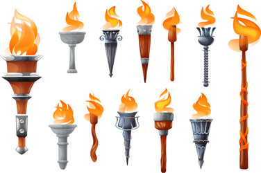 Medieval realistic torch with burning fire set Vector Image