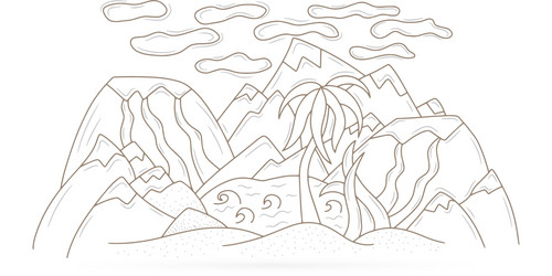 Doodle oasis with lake volcano sandy mountains Vector Image