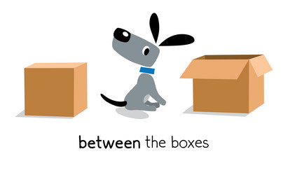 Preposition wordcard with dog and box Royalty Free Vector