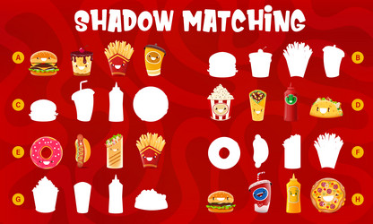 Shadow matching game worksheet cartoon fast food Vector Image