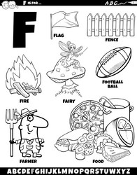 Letter f set with cartoon objects and characters Vector Image