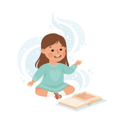 Cute girl sitting and reading open book and Vector Image