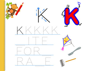 Letter k lowercase tracing practice worksheet Vector Image