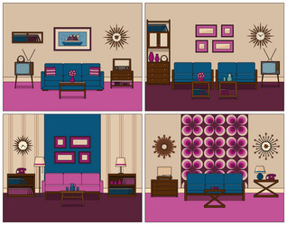 Set retro rooms interior in flat design linear Vector Image
